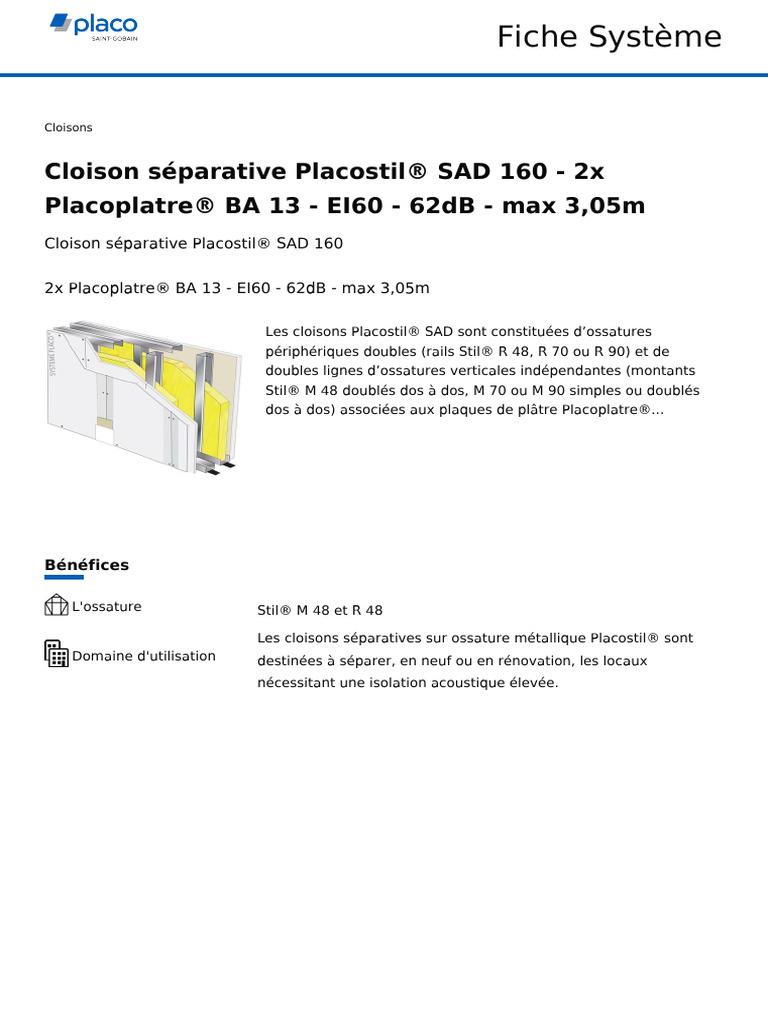 Cloison Separative PlacostilR SAD 160 2x PlacoplatreR BA 13 EI60 62dB ...