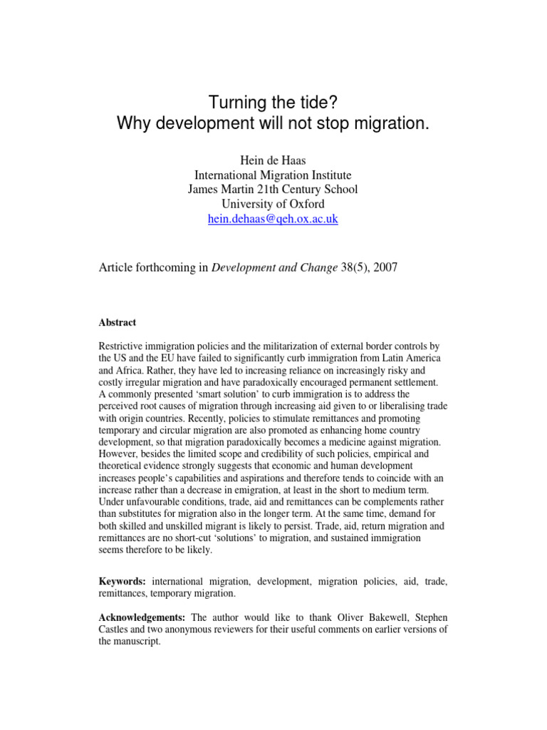 Turning The Tide? Why Development Will Not Stop Migration | PDF | Human ...