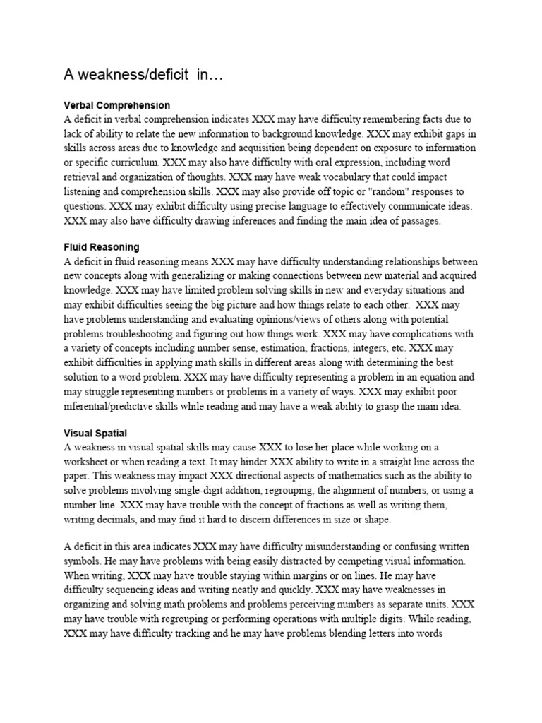 Wais Defecit Examples | PDF | Reading Comprehension | Knowledge