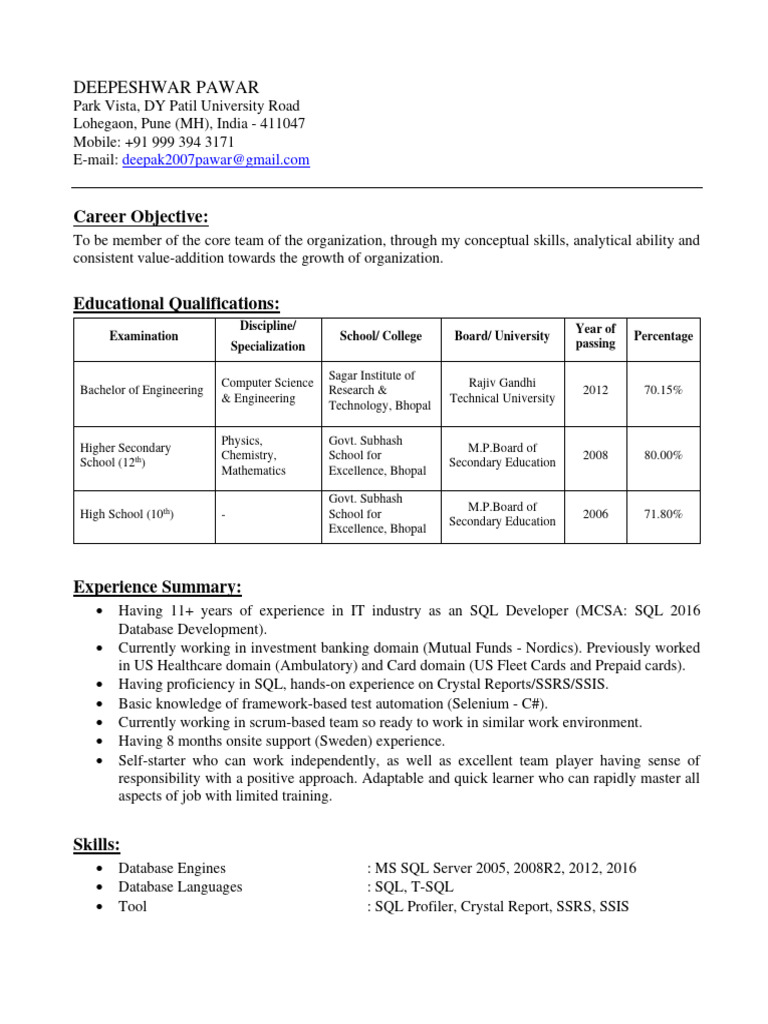 MS SQL Server Developer - Deepeshwar | PDF | Sql | Databases
