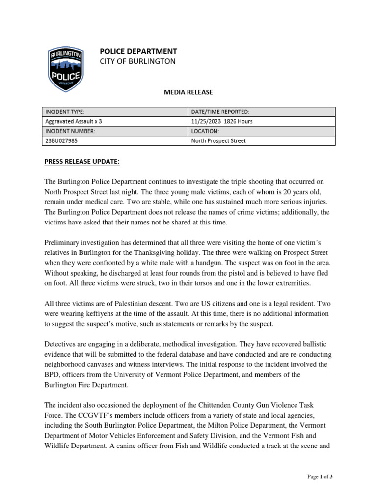 2023 1126 Burlington Triple Shooting Police Press Release | PDF ...