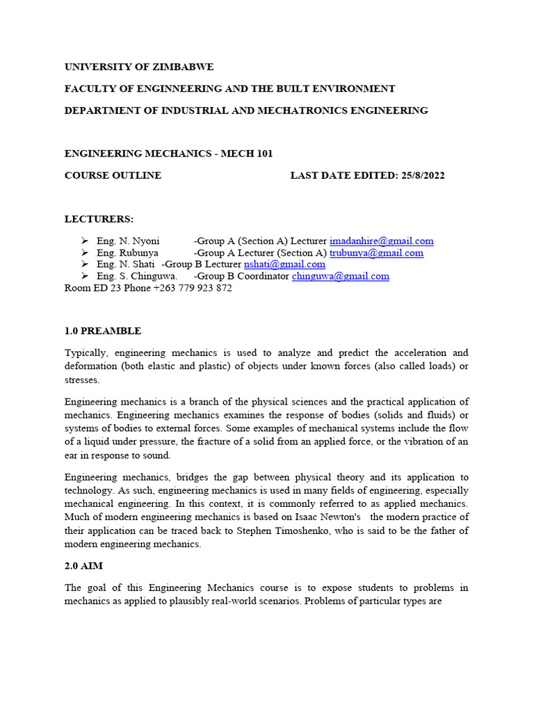 Mech 101 Course Outline 2022 | PDF | Stress (Mechanics) | Bending