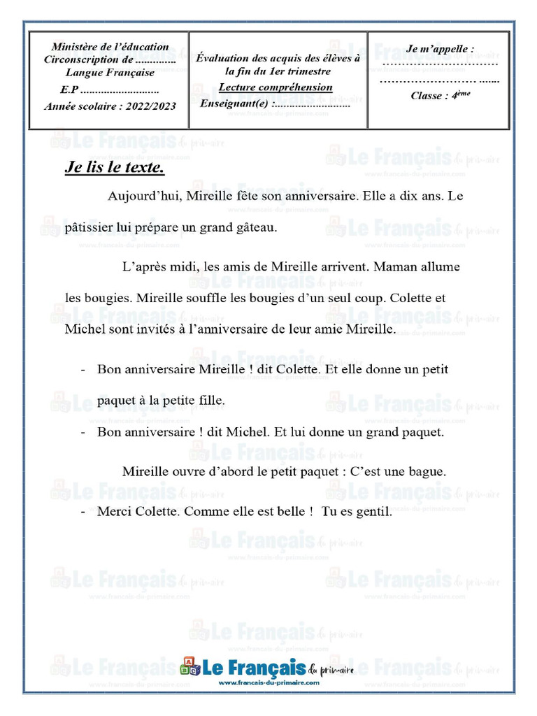 Examen Lecture Comprehension 4eme Annee Premier Trimestre Exemple 1 | PDF Examen Lecture Comprehension 4eme Annee Premier Trimestre Exemple 1 | PDF