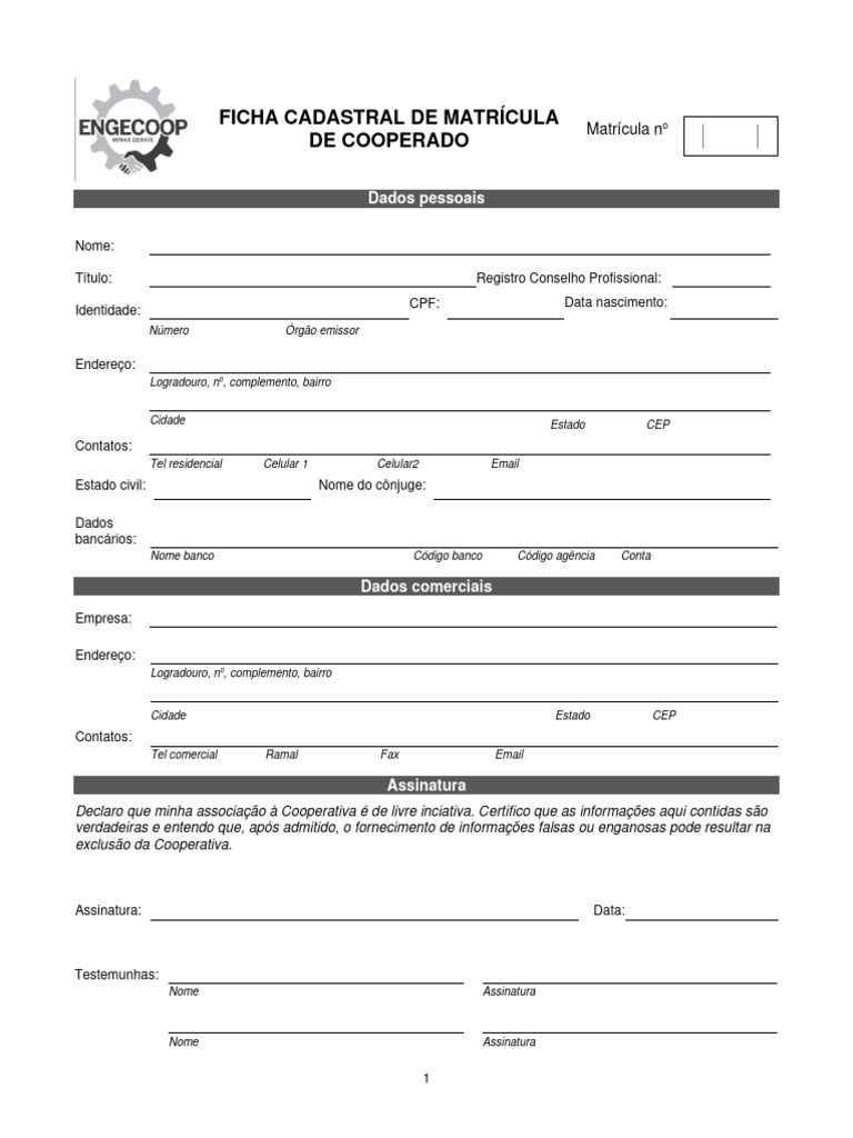 FIcha de Cadastro | PDF | Cooperativa