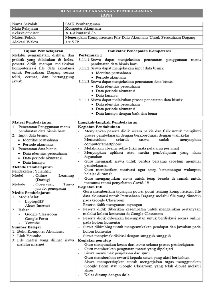 RPP Myob Kelas Xii | PDF | Pengelolaan Keuangan & Uang
