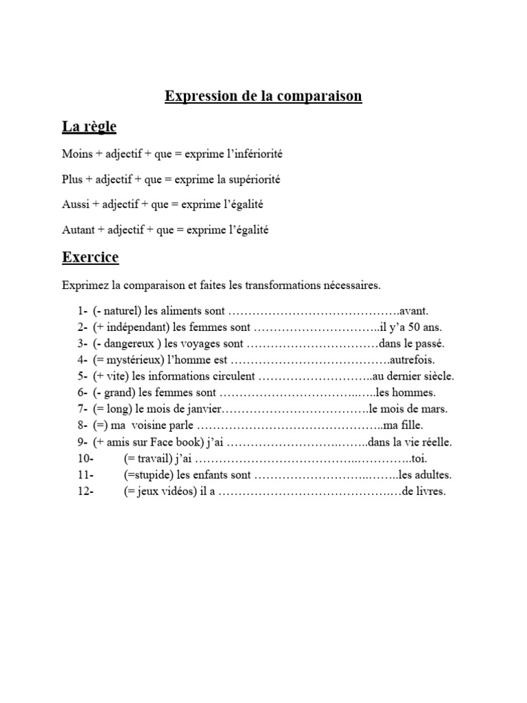 Exercices sur la comparaison | PDF