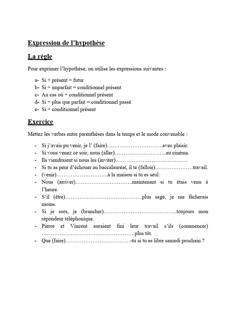 Exercices sur l'expression de l'hypothèse | PDF
