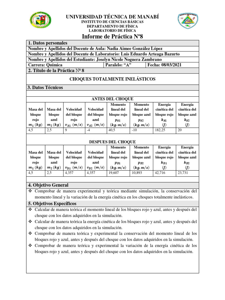 INFORME DE PRACTICA Nº8 (CHOQUES TOTALMENTE INELASTICOS) - Compressed ...