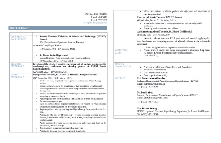 Jennifer Brant CV | PDF | Physical Therapy | Clinical Medicine