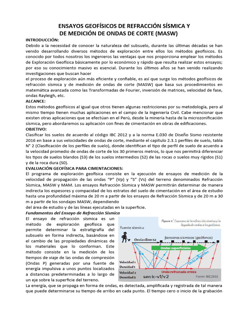 Exploración Geofísica (Refracción Sísmica, MASW-1D y MASW-2D) | PDF ...