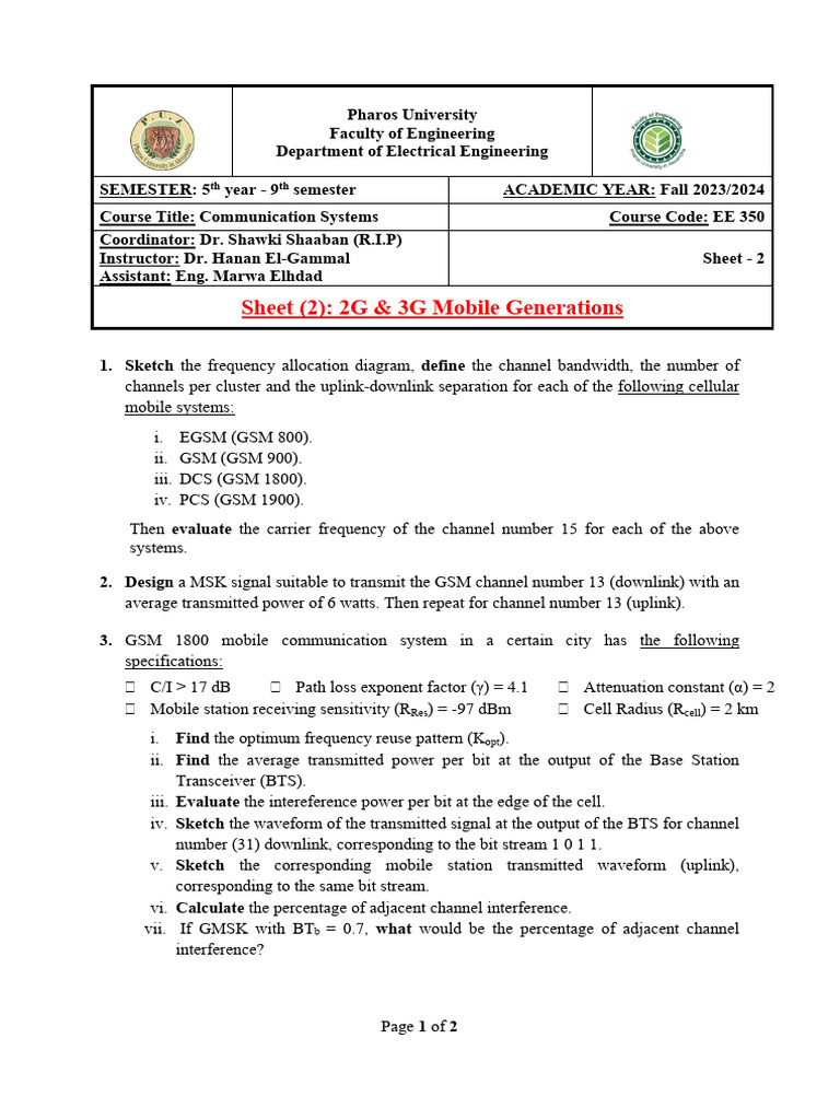 Sheet 2 - EE 350 - Fall 2023-2024 | PDF | Cellular Network | Sound Production Technology