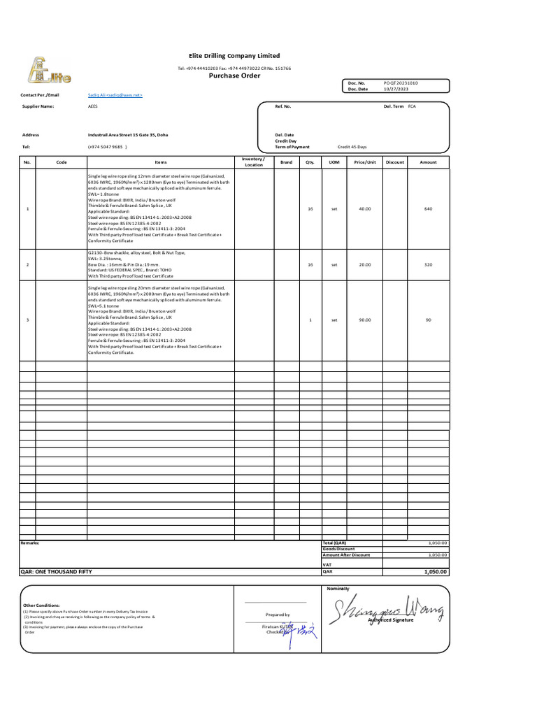 Po QT 20231010 (Aees-E09 Tds Lifting Gear | PDF | Invoice | Building Engineering