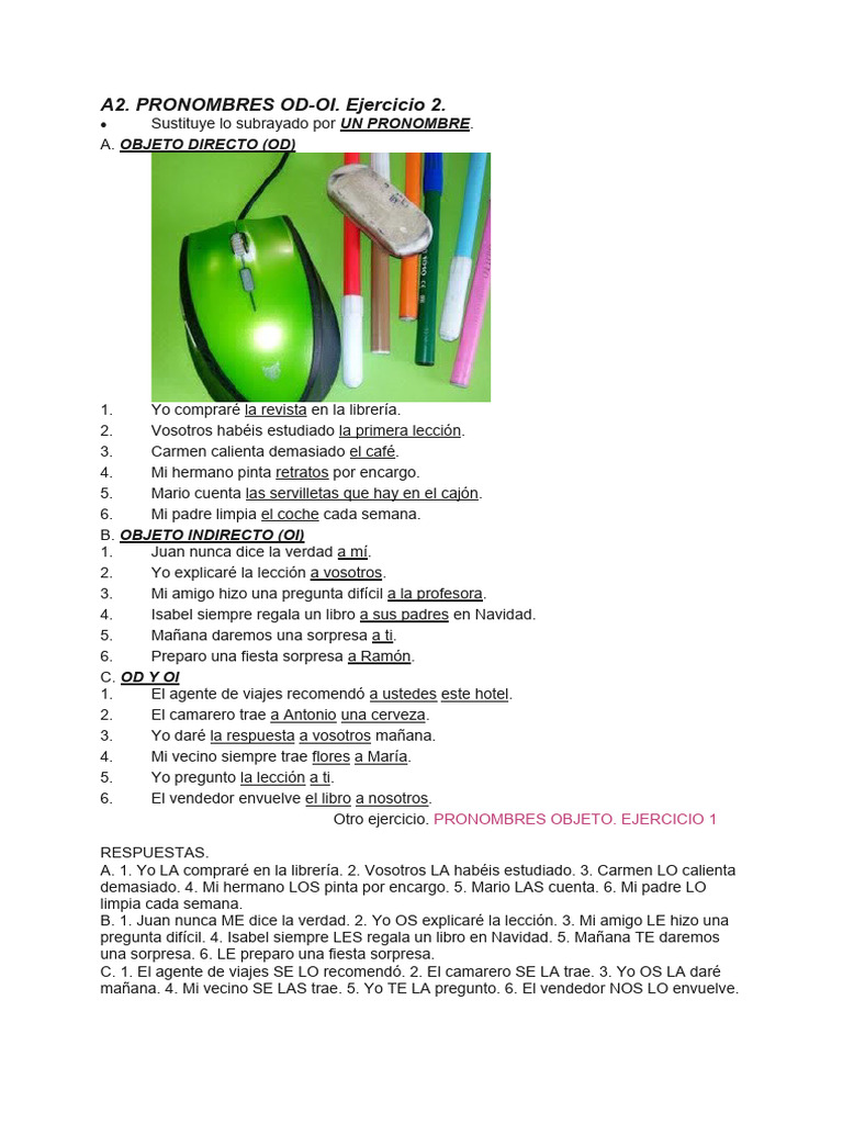 A2. PRONOMBRES OD-OI. Ejercicio 2 | PDF