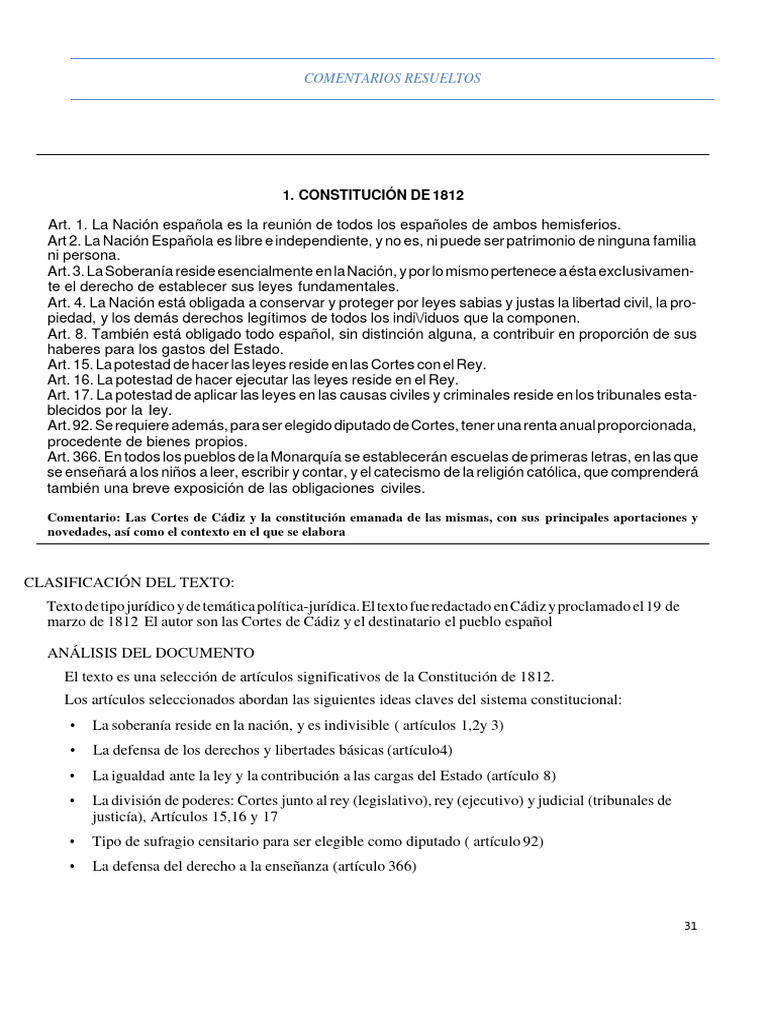 Ejemplos de Comentarios Resueltos Tema 1 EVAU | PDF | Constitución