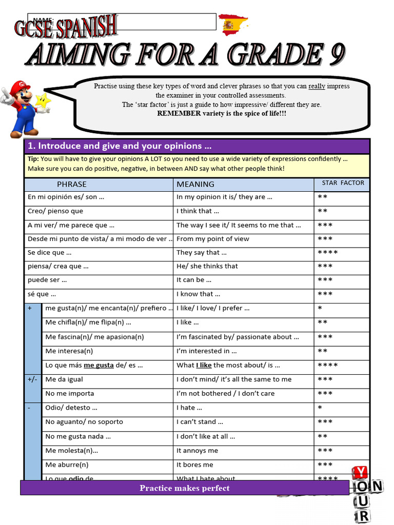 Gcse Spanish Aiming For A Grade 9 Booklet | PDF | Linguistics | Grammar