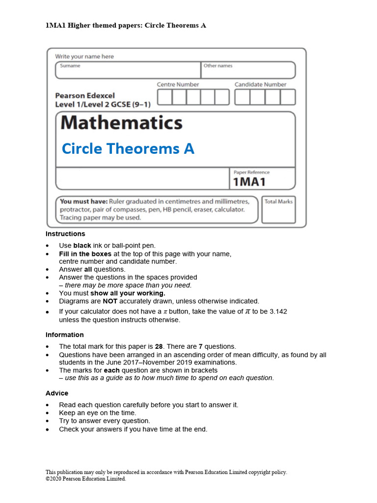 10a Circle Theorems A - H - Question Paper | PDF | Circle | Geometry