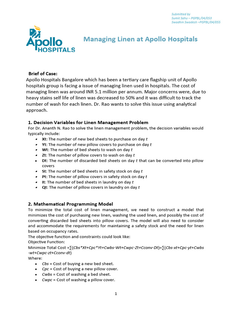 Managing Linen at Apollo Hospitals-Group 8 | PDF | Applied Mathematics