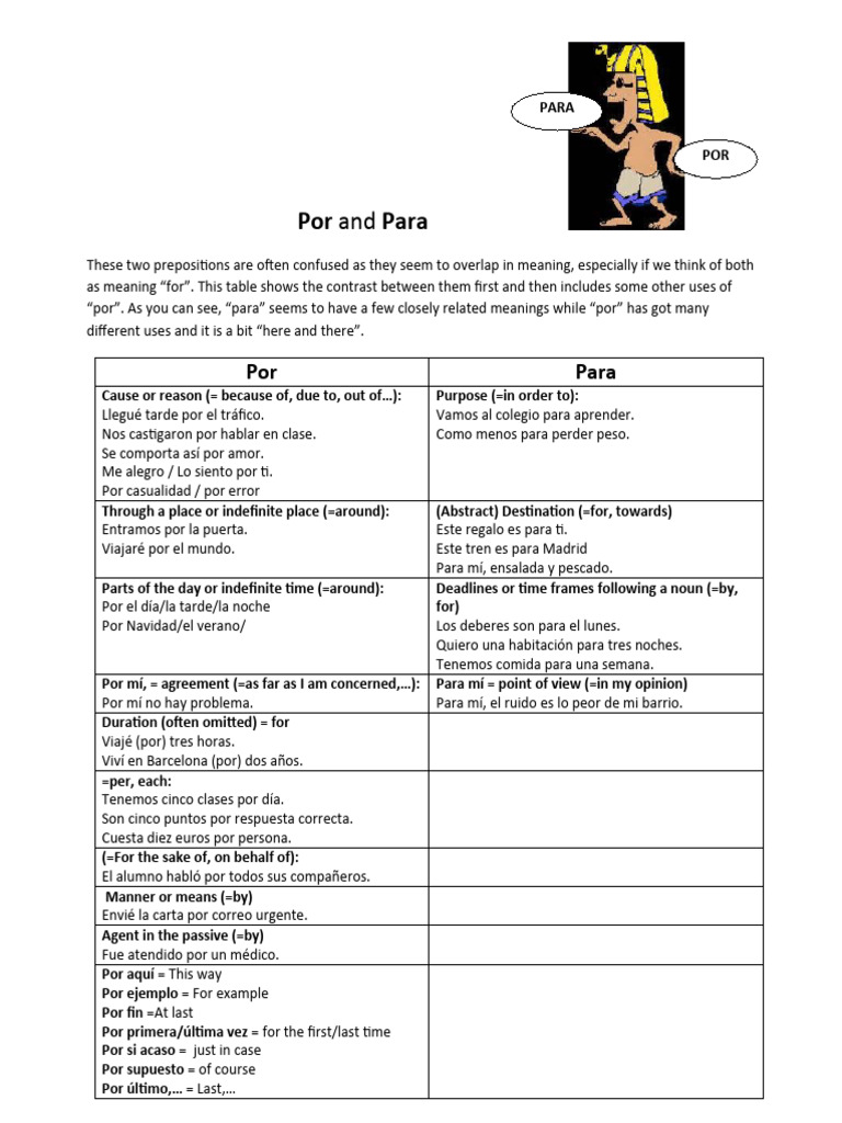 Uso de "Por" y "Para" en Español | PDF | Artes del Lenguaje y ...