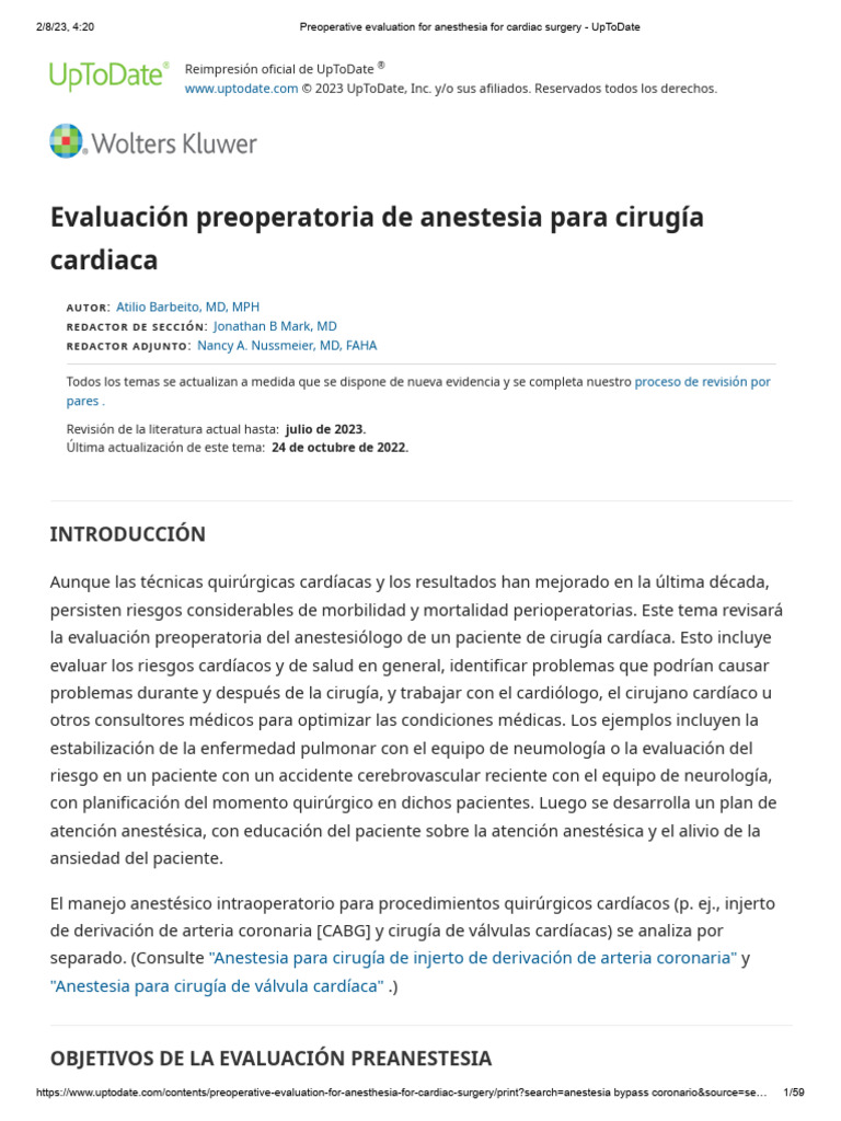 Preoperative Evaluation For Anesthesia For Cardiac Surgery - UpToDate ...