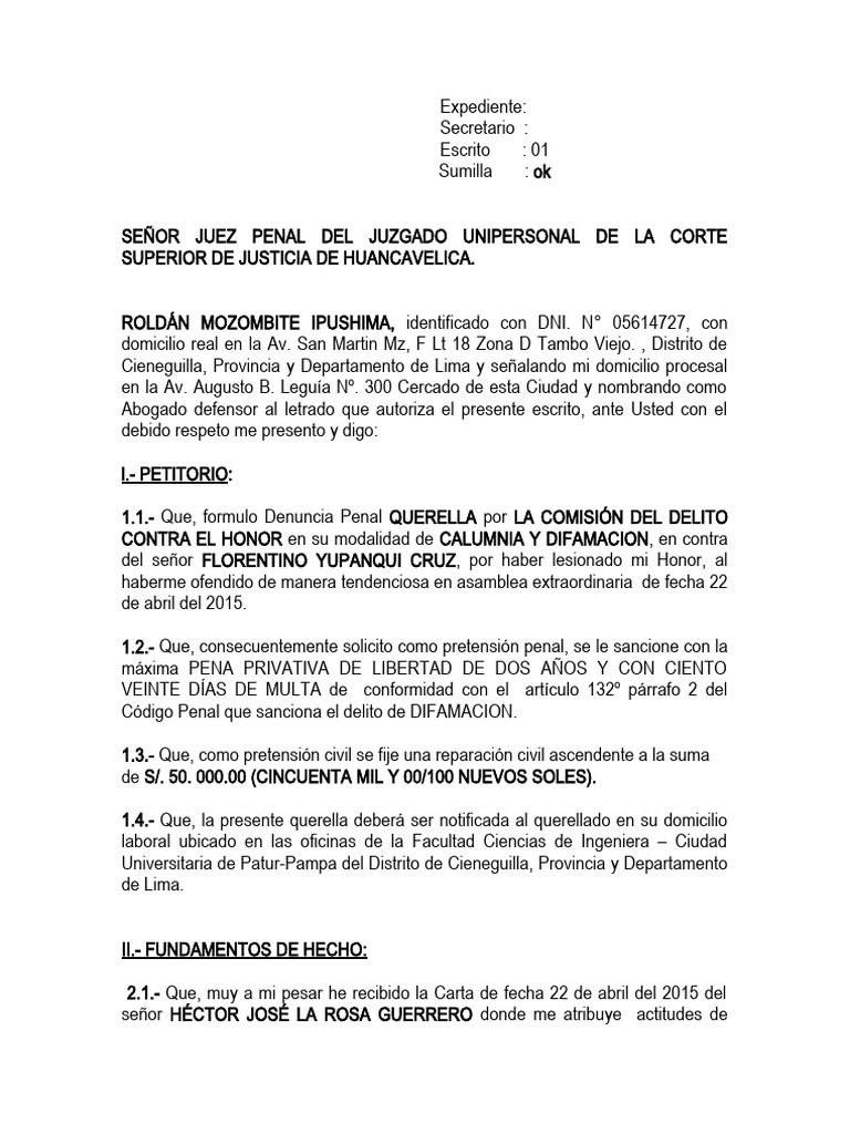 Modelo de Denuncia Por Querella | PDF | Queja | Ley común