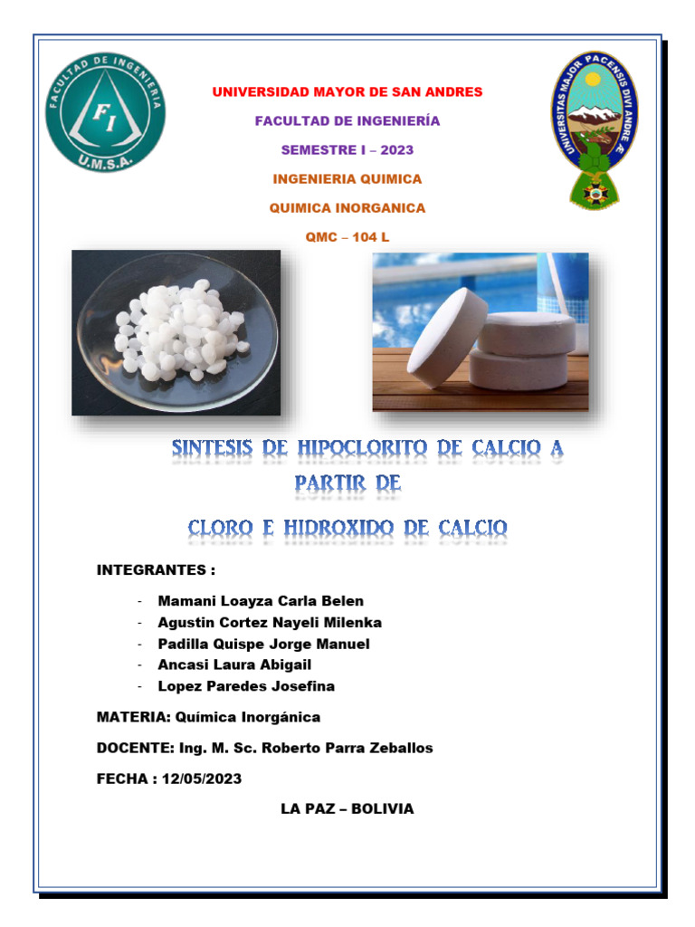 PROYECTO GRUPAL QUIMICA INORGANICA Sintesis Del Hipoclorito de Calcio A ...