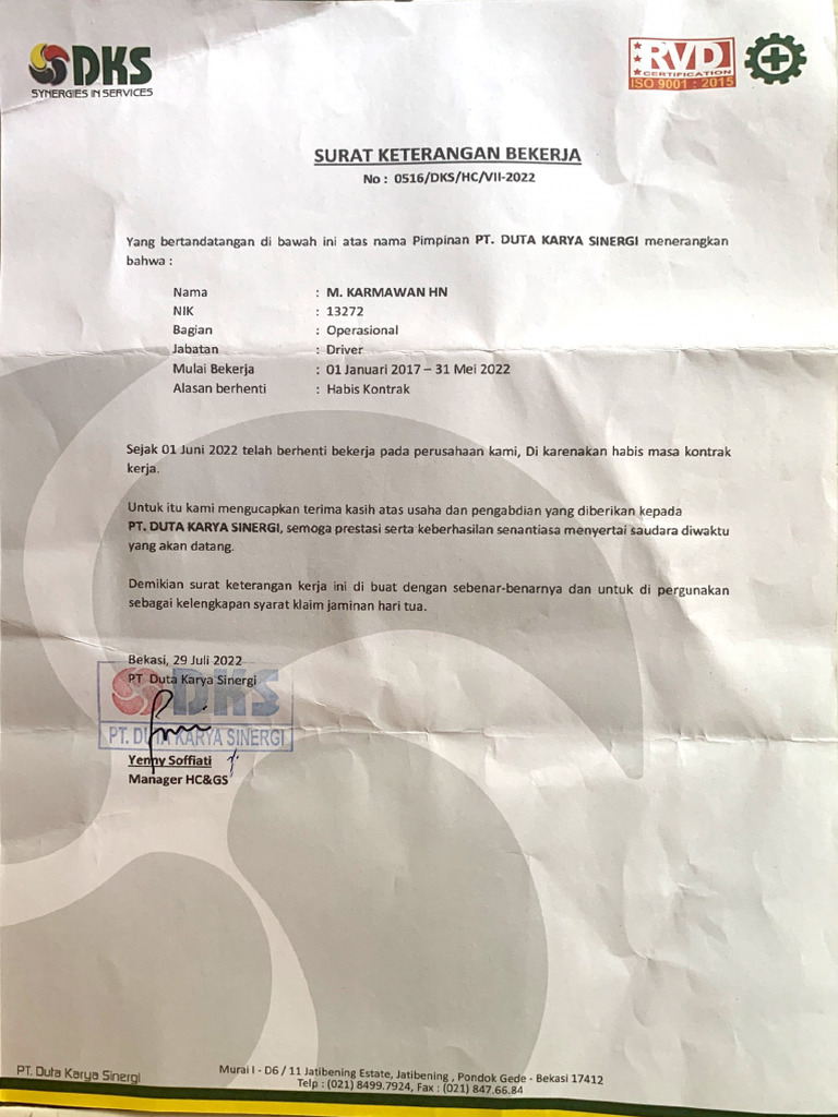 Surat Keterangan Bekerja Di PT DKS | PDF