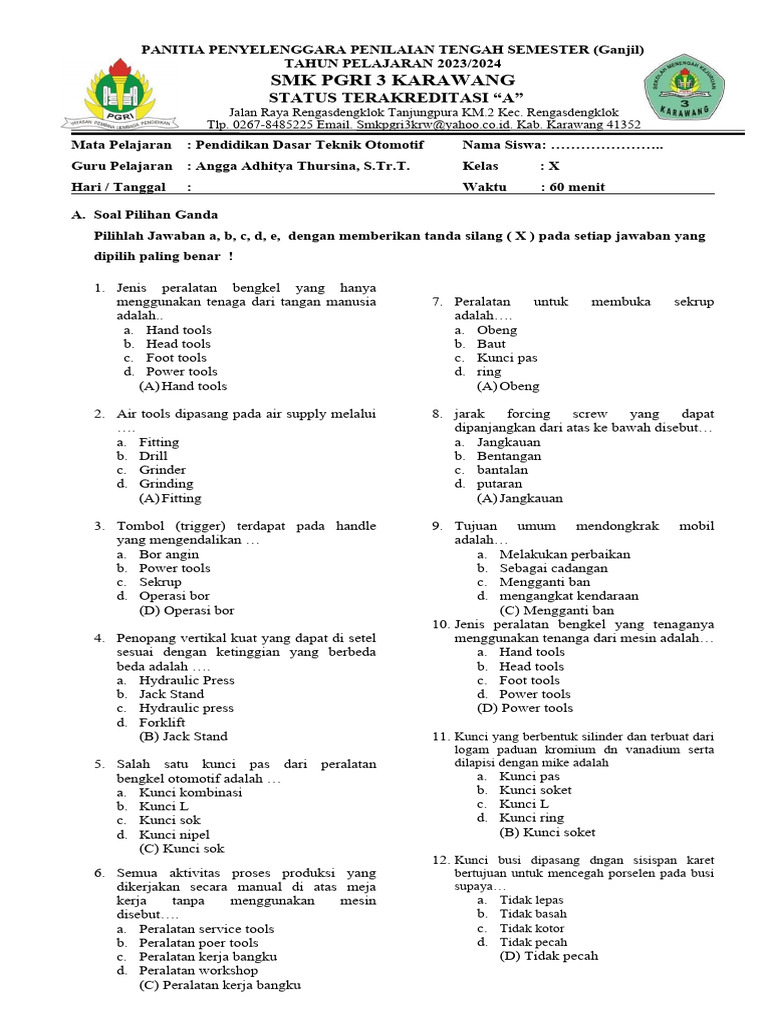 Soal Dan Kunci Jawaban PTS Pdto Kelas X To | PDF