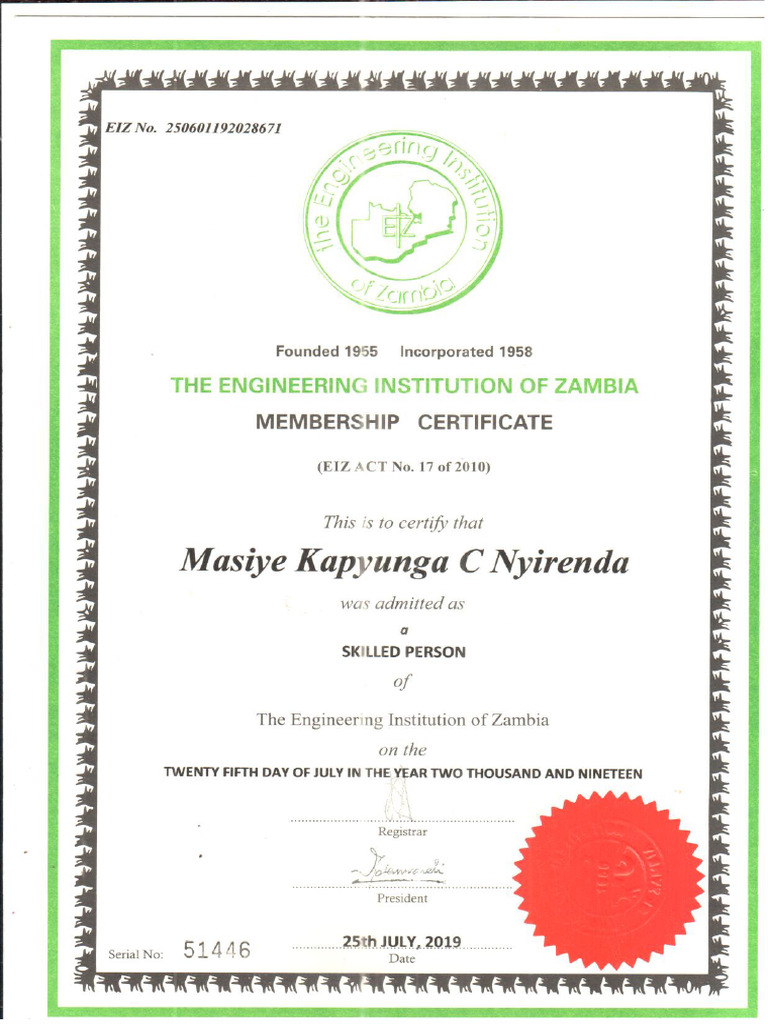 Masiye Nyirenda-EIZ Membership Certificate | PDF