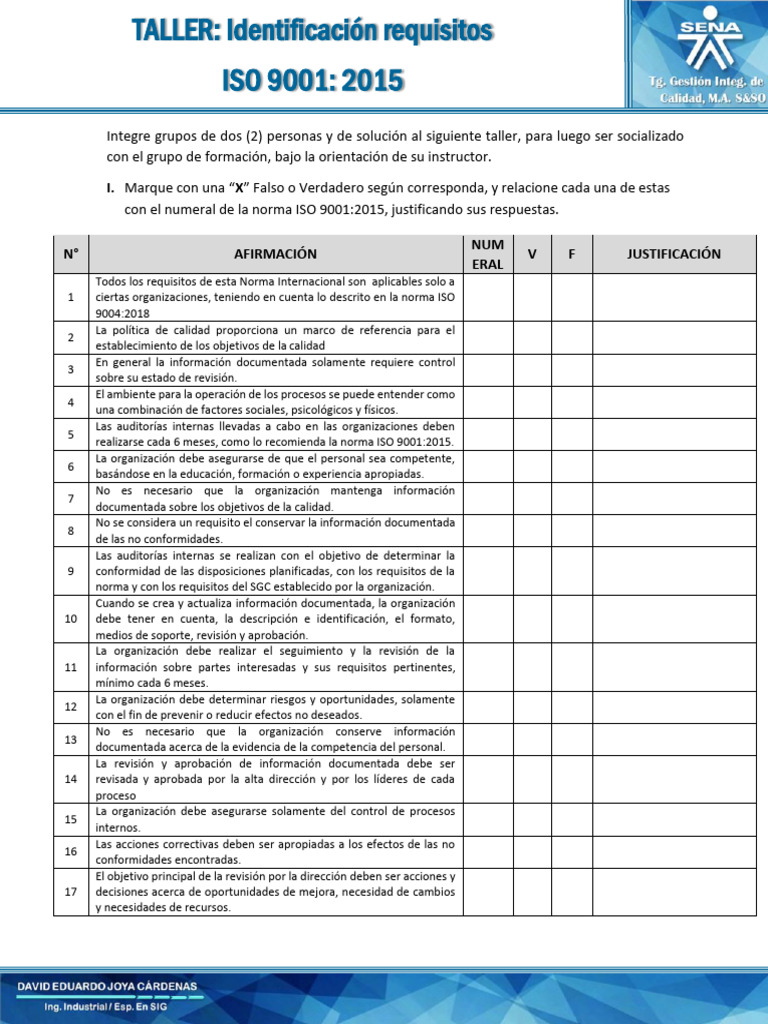 Taller - Identificación Requisitos - ISO 90012015 | PDF | Calidad ...