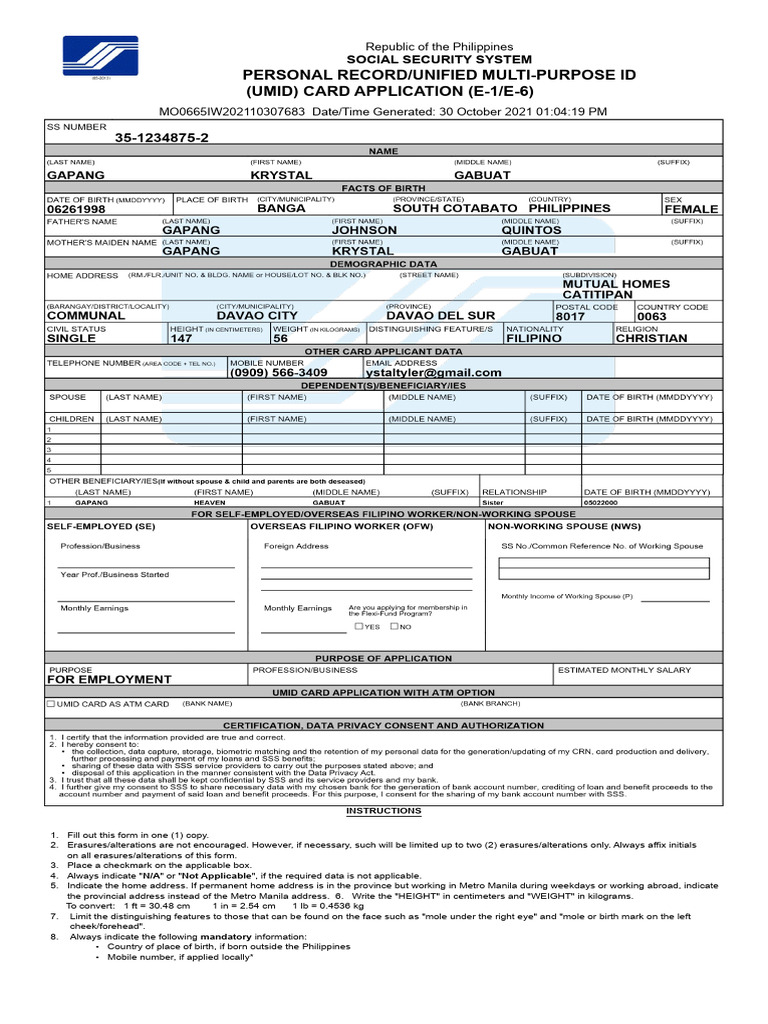 Personalrecord - Umidcard - Form Gapang, Krystal Gabuat | Download Free PDF | Identity Document ...