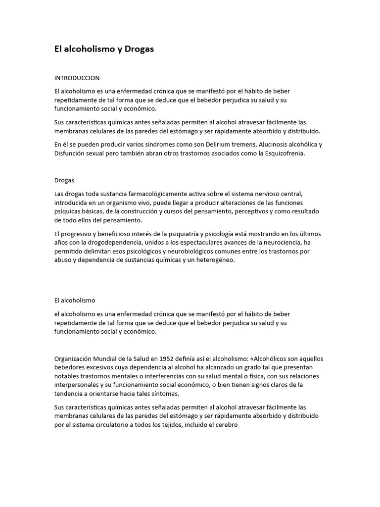 El Alcoholismo y Drogas | PDF | La dependencia de sustancias | Alcoholismo