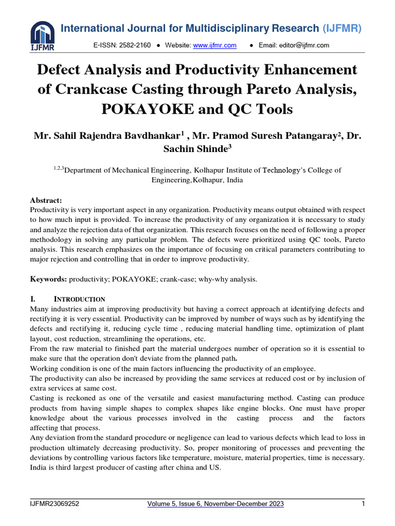 Defect Analysis and Productivity Enhancement of Crankcase Casting Through Pareto Analysis ...
