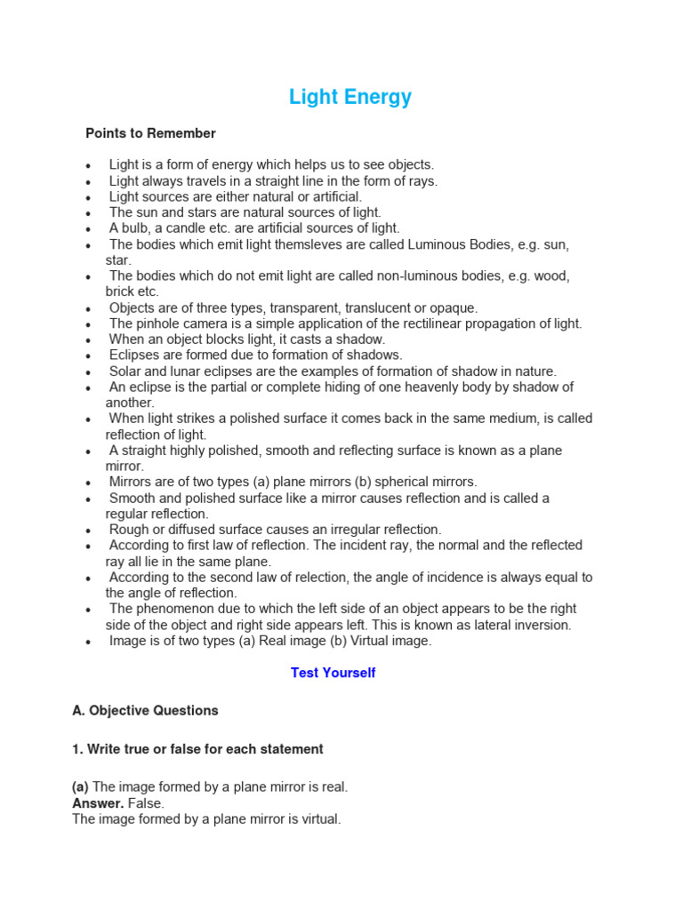 Class 7 Light Energy Concepts and Tests | PDF | Mirror | Reflection ...