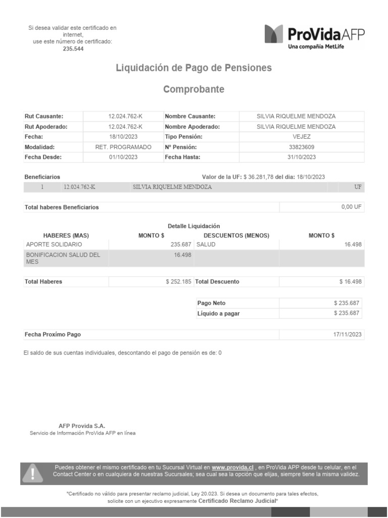 Liquidación de Pago de Pensiones Comprobante: Servicio de Información Provida Afp en Línea | PDF ...