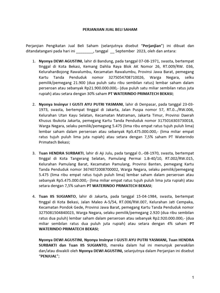Perjanjian Jual Beli Saham PT Waterindo Primatech Bekasi | PDF