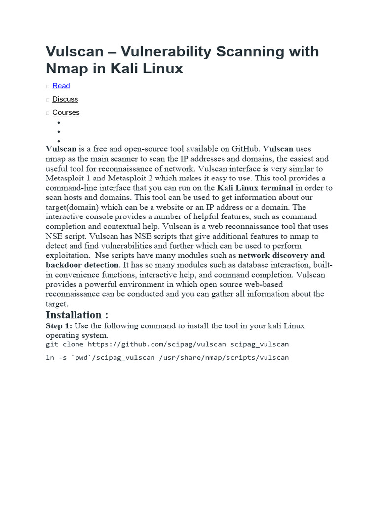 Vulscan: Nmap Vulnerability Scanner Guide | PDF