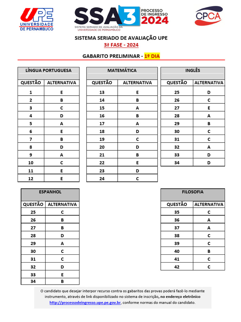 SSA 3 - Gabarito Preliminar 1º Dia | PDF