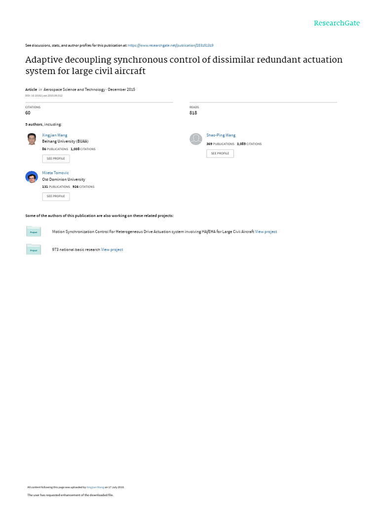 Adaptive Decoupling Synchronous Control Of Dissimilar Redundant Actuation System For Large Civil