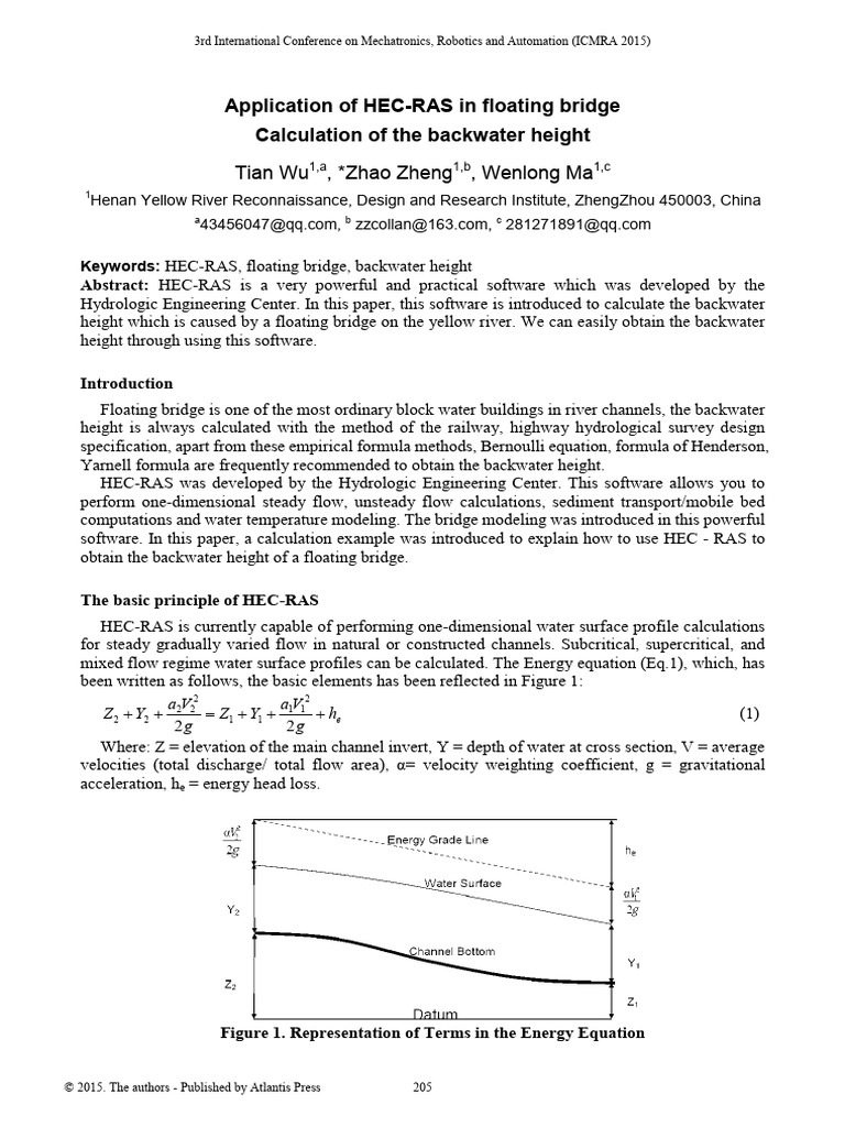 Tian Wu, Zhao Zheng, Wenlong Ma: Application of HEC-RAS in Floating Bridge Calculation of The ...