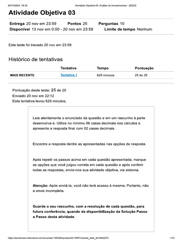 Analise de Investimentos 2023-2 Atividade Objetiva 03 | PDF