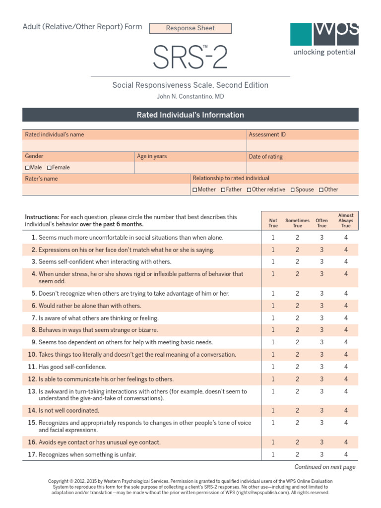 SRS-2 Adult (Relative:Other Report) Form | PDF | Feeling | All Rights ...