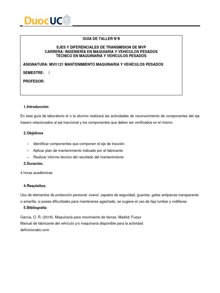 Guia Taller N8 Ejes y Diferenciales de Transmision MVP | PDF | Eje | Engranaje