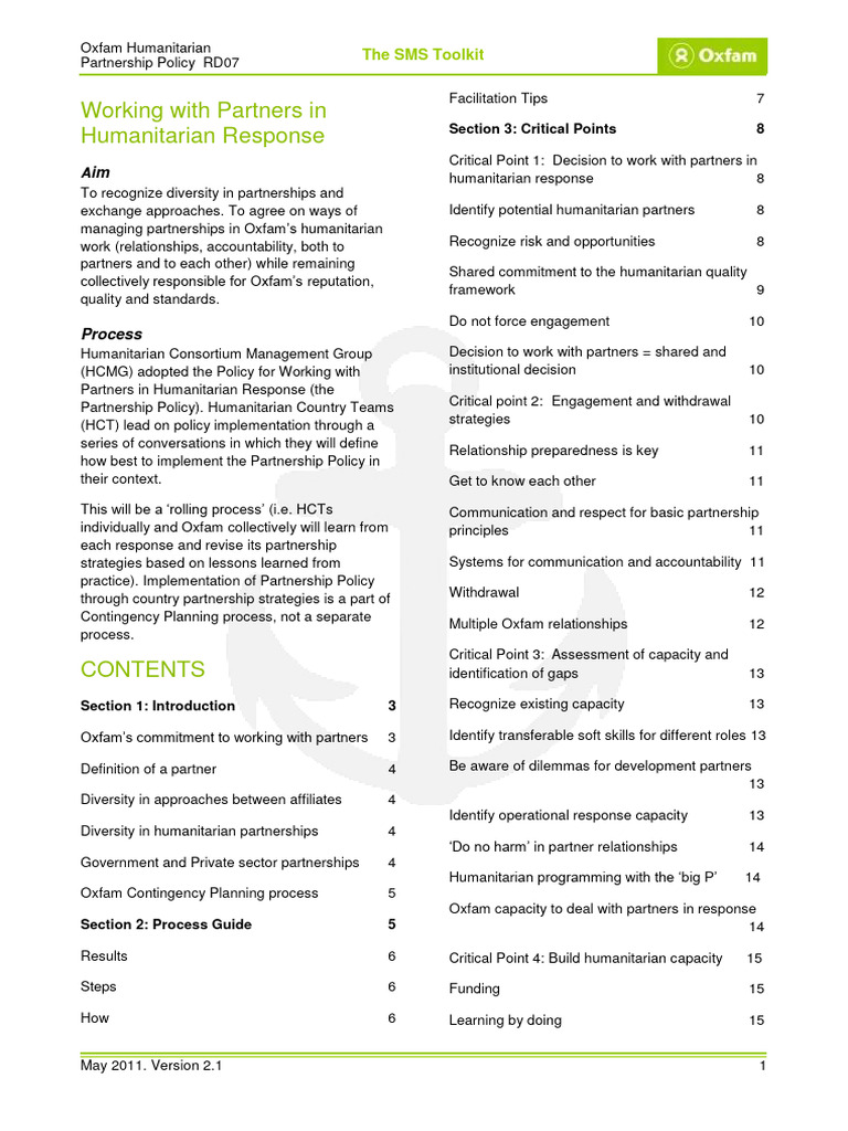 Oxfam Humanitarian Partnership Guide | PDF | Partnership | Emergency ...