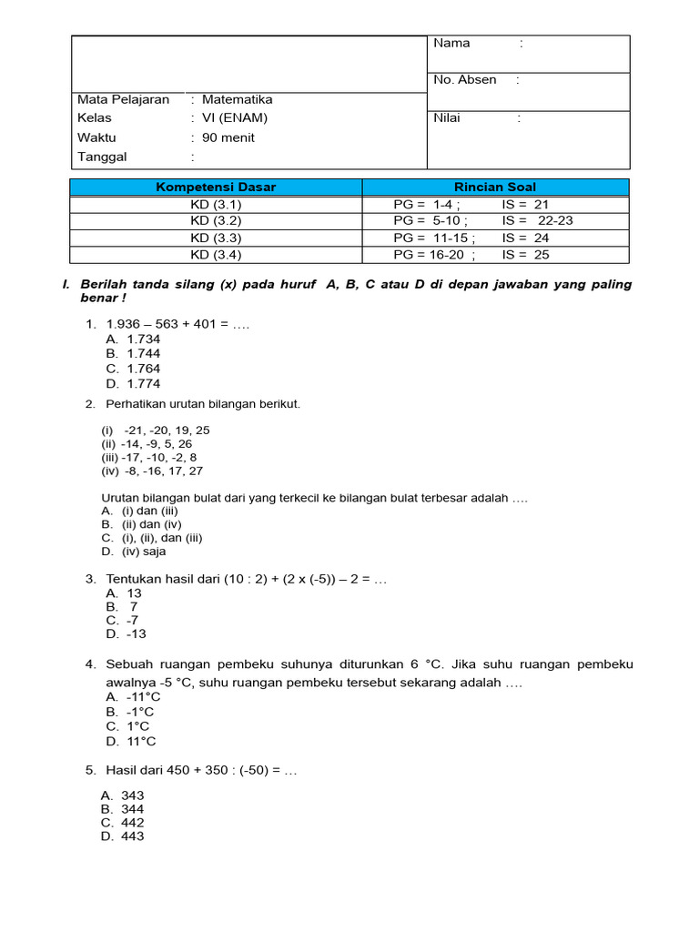 Soal MTK Kls 6 | PDF