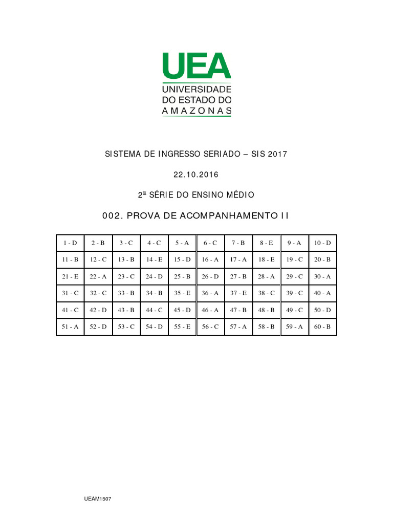 Gabarito SIS UEA 2016-2017 - Prova de Acompanhamento II | PDF