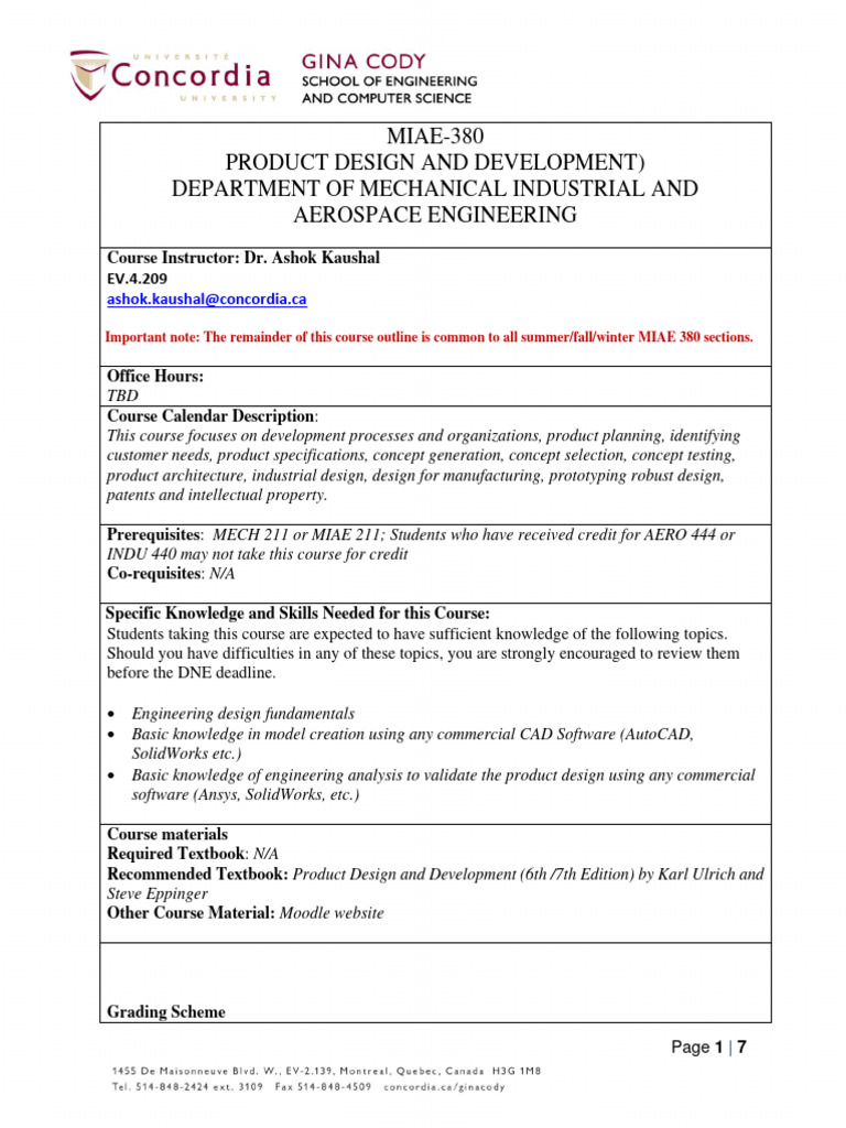 MIAE 380 Course Outline-2023-2024 | PDF | Engineering | Intellectual ...