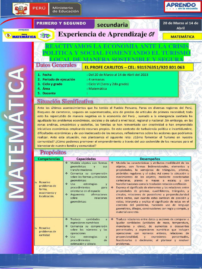 Experiencia De Aprendizaje 1 Ciclo Vi 1ero Y 2do Grado Matematica