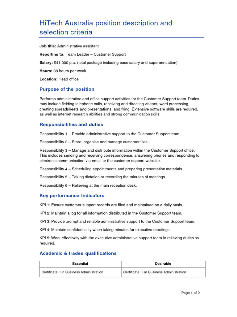 Attachment 2-Position Description Administrative Assistant | PDF ...