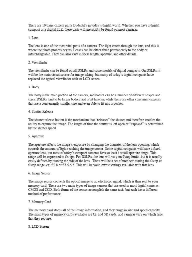 Key Camera Parts and Functions Explained | PDF | Digital Single Lens ...