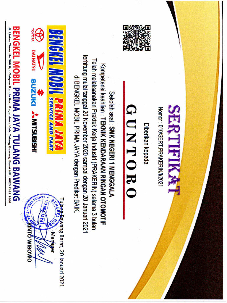 1.contoh Sertifikat Magang Di Bengkel Mobil | PDF